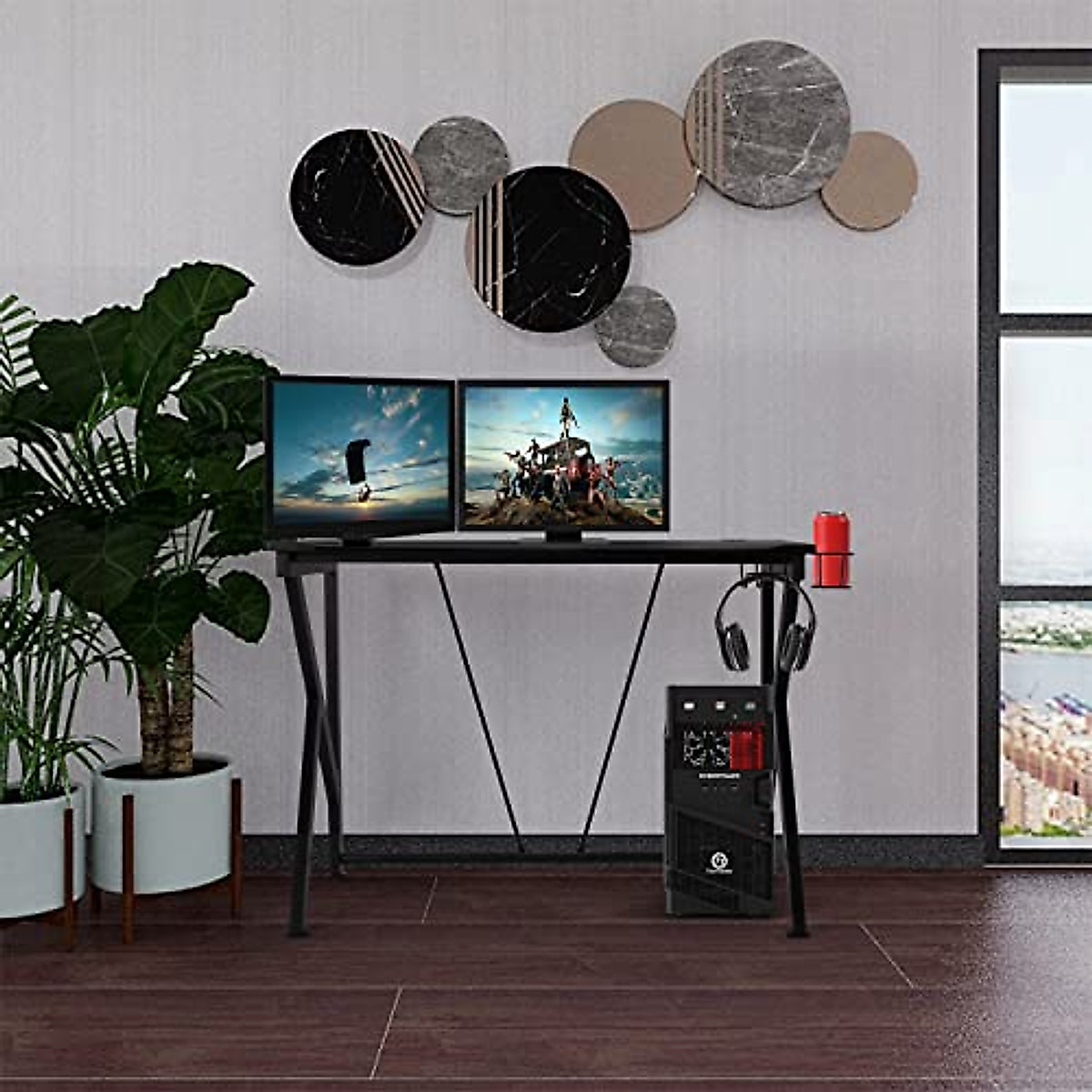 LYNSLIM Gaming Desk 39 Inch – Computer Deak for Home, K Shaped PC Gaming Table, Ergonomic Gamer Desk with Headphone Hook, Cup Holder and Cable Management (Black)