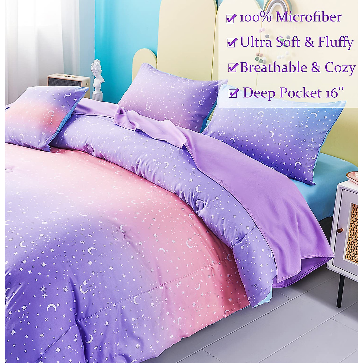URBONUR Twin Comforter Set for Girls 6Pcs Gradient Purple Orange Blue Moon Star Printed Bed in a Bag Soft Breathable Bedding Set for All Season (Star, Twin Size)