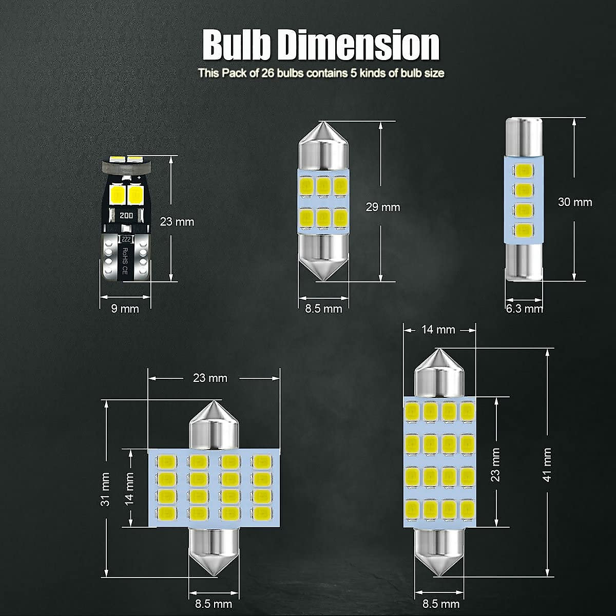 EBAIFUN 26-Pack 6000K White 12V DE3175 6411 T10 2825 6612F 6615F 31mm 41mm LED bulb Kit for Car Truck Interior Map Dome Vanity Mirror Sun Visor Light Cargo Trunk Door Courtesy License Plate Light