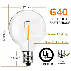 Abeja G40 LED Replacement Bulbs, 1W Shatterproof Globe Bulb fits E12 Candelabra Screw Base, LED Globe Bulbs Light for Outdoor String Lights, 1.5 Inch Dimmable Light Bulb, Warm White, 25 Pack