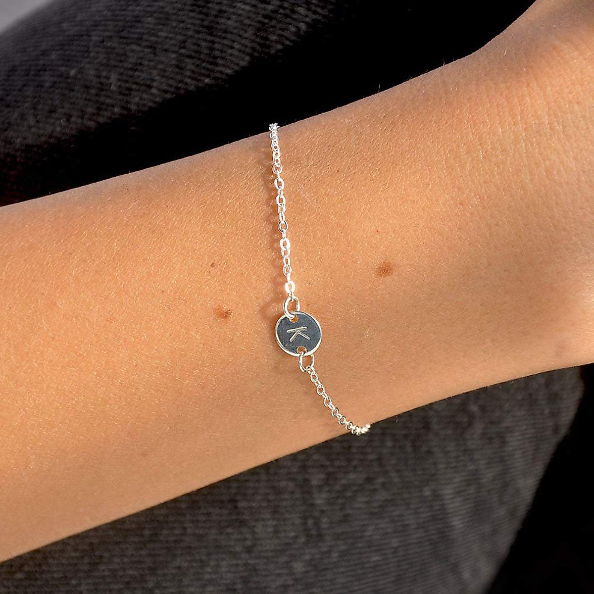 YANCHUN Silver K Initial Bracelet for Women Adjustable Round Disc Alphabet Letters Bracelet for Girls (K)