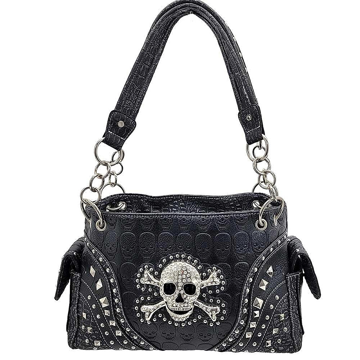 R2N fashions Rhinestone Skull Western Concealed Carry Handbag and wallet set (Black embossed)