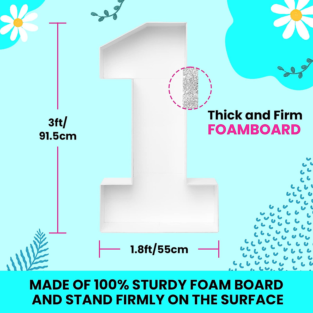 3ft Mosaic Numbers for Balloons Frame Light Up Large Cardboard Numbers Marquee Numbers Pre-Cut Kit Number 1 Balloon Frame Cut-out Extra Large Foam Board First Birthday Backdrop 1st Birthday Party