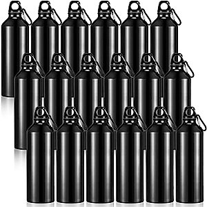18 Pieces Aluminum Sport Water Bottles Bulk 24 oz Lightweight Water Bottles Reusable Leak Proof Water Bottles with Hook and Twist Cap for Bike, Camping, Climbing, Travelling, Indoor, Outdoor (Black)