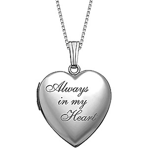 PicturesOnGold.com Always in My Heart Silver Heart Locket Pendant Necklace - 3/4 Inch X 3/4 Inch - Includes Sterling Silver 18 inch Cable Chain, Locket + 2 Photos + Engraving