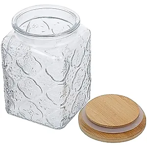 UPKOCH Terrarium Glass Storage Jar Vintage Embossed Canister Food Cereal Storage Container with Bamboo Lid for Coffee Tea Sugar Candy Cookie Kitchen Pantry Food Containers