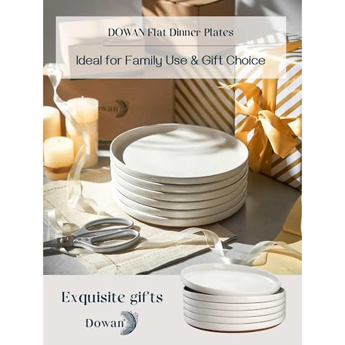 DOWAN 10.5” Moon-White Sesame Glaze Large Dinner Plates Set of 6, Porcelain Ceramic, Microwave, Oven & Dishwasher Safe, Elegant Design Perfect for Daily Dining, Family Gatherings, Parties & Gifts