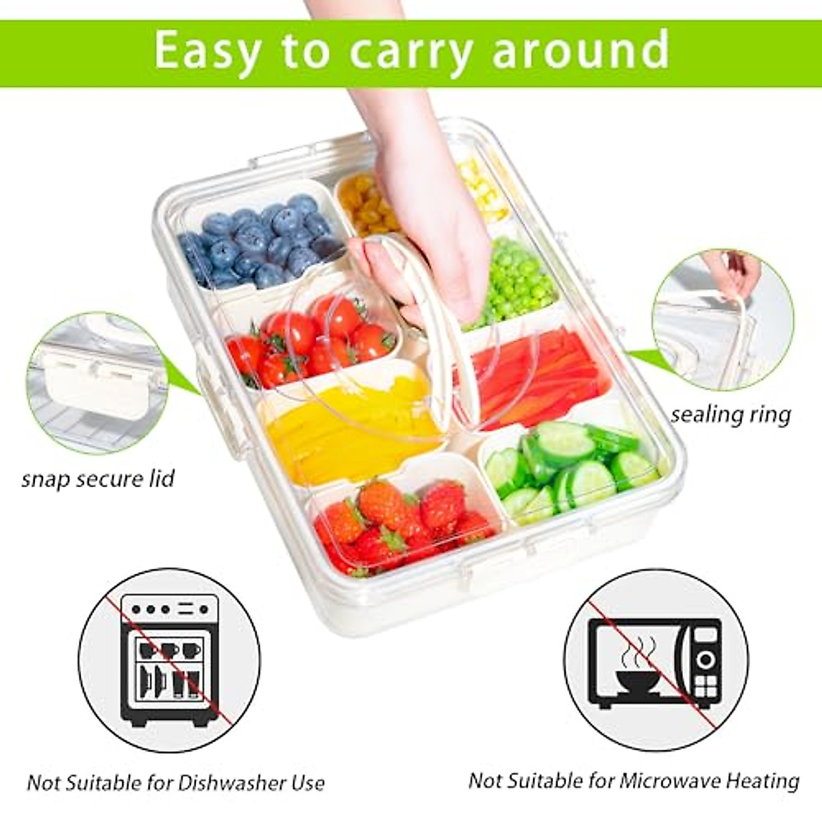 2 Pack Veggie Tray with Lid and Handle, Divided Fruit Tray, Portable Snackle Box, Fridge Organizer for Snack, Candy, Nuts, Cookies, Fruit, Clear Vegetable Tray for Party, Picnic, Travel, Wedding.