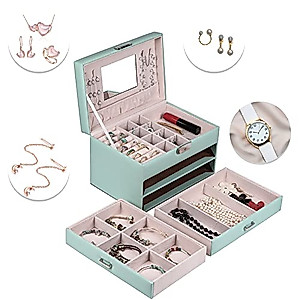 Jewelry Box with 3 Layers PU Leather Lockable Jewelry Storage Organizer with Velvet Lining Portable Leather Jewelry Box for Storing Watch, Earring, Ring, Chain, Bracelet