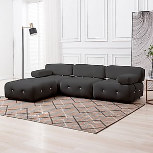 Mjkone Modular Sectional Sofa with Reversible Chaise, Velvet L Shaped Cloud Couch with Reversible Ottoman, 4 Seater Couch Button Tufted Designed, DIY Combination Sofa for Living Room, Dark Grey