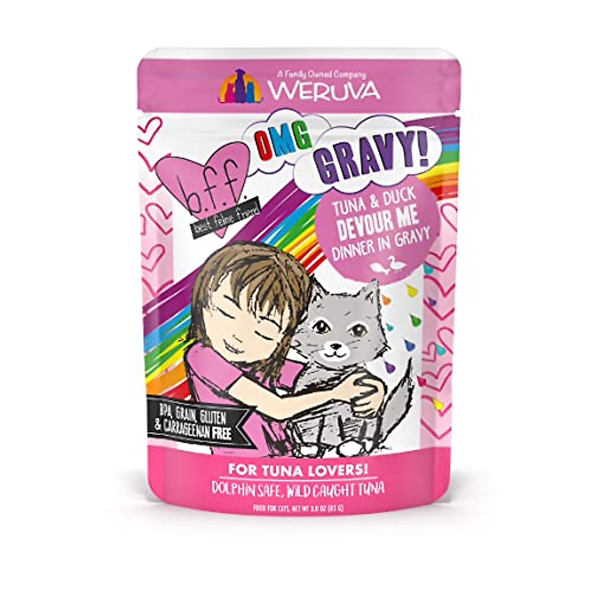 Weruva B.F.F. OMG - Best Feline Friend Oh My Gravy!, Tuna & Duck Devour Me with Tuna & Duck in Gravy Cat Food, 3oz Pouch (Pack of 12)