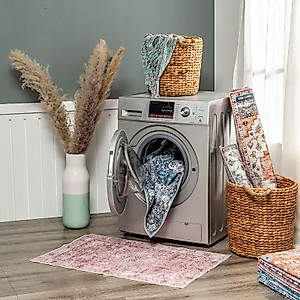 DECOMALL Kalina Washable Area Rugs Pink, Bohemian Vintage Foldable Carpet for Foyer Laundry Room Bedroom, 4x6ft