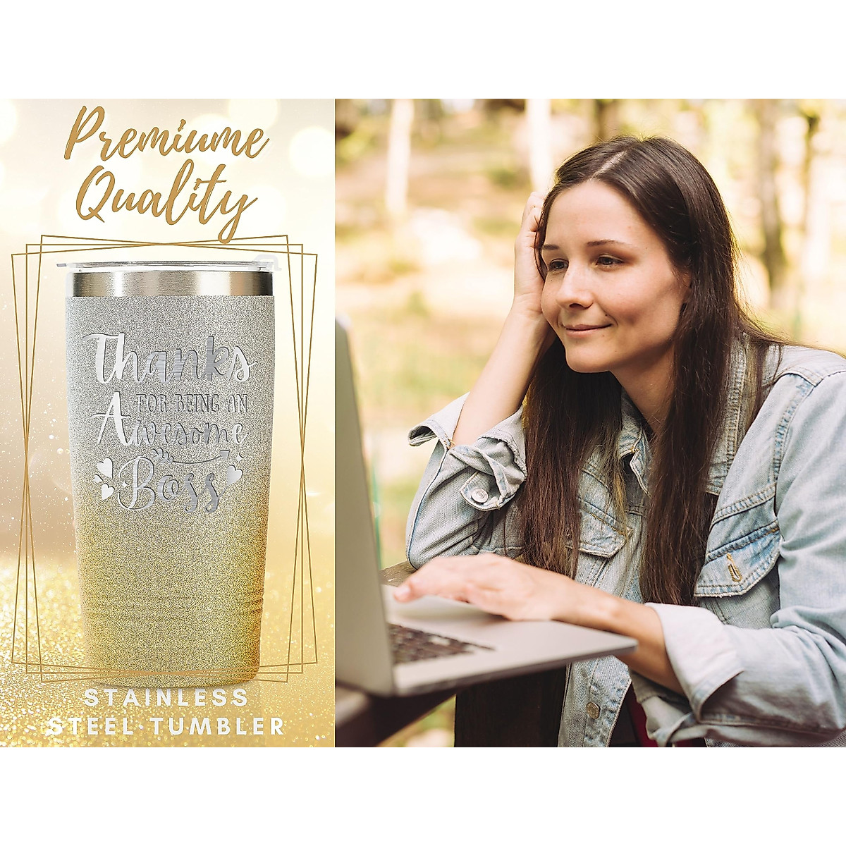 Onebttl Boss Gifts for Women, Thanks for Being An Awesome Boss, Appreciation Thank You Gifts for Boss Lady, Managers, Supervisors, Team Leaders, Wine Tumbler 20Oz, Glitter Gold & Silver