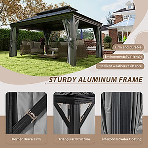 oneinmil 12x16FT Outdoor Gazebo, Heavy Duty Metal Double Roof Hardtop Gazebo with Aluminum Frame and Netting and Curtains for Patios