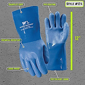 Wells Lamont Heavy Duty PVC Coated Work Gloves | Liquid/Chemical, Abrasion & Cut Resistant, Waterproof | Versatile, Flexible, Durable | Cotton Lining, Large (174L) , 12 inch Cuff , Blue