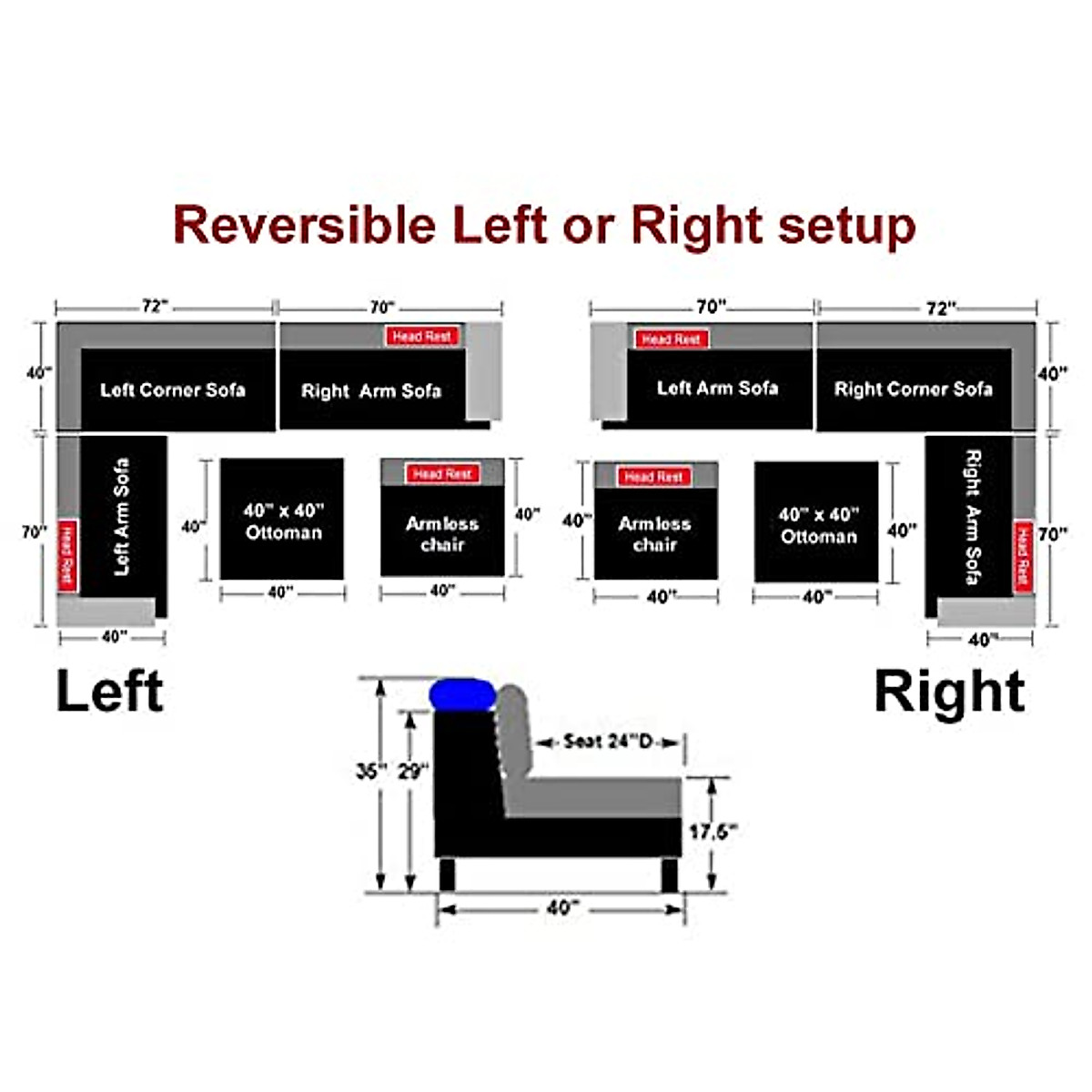 Stendmar 5pc Reversible Modern 2 Tone Gray Microfiber Big Sectional Couch Sofa Set S150D-RG