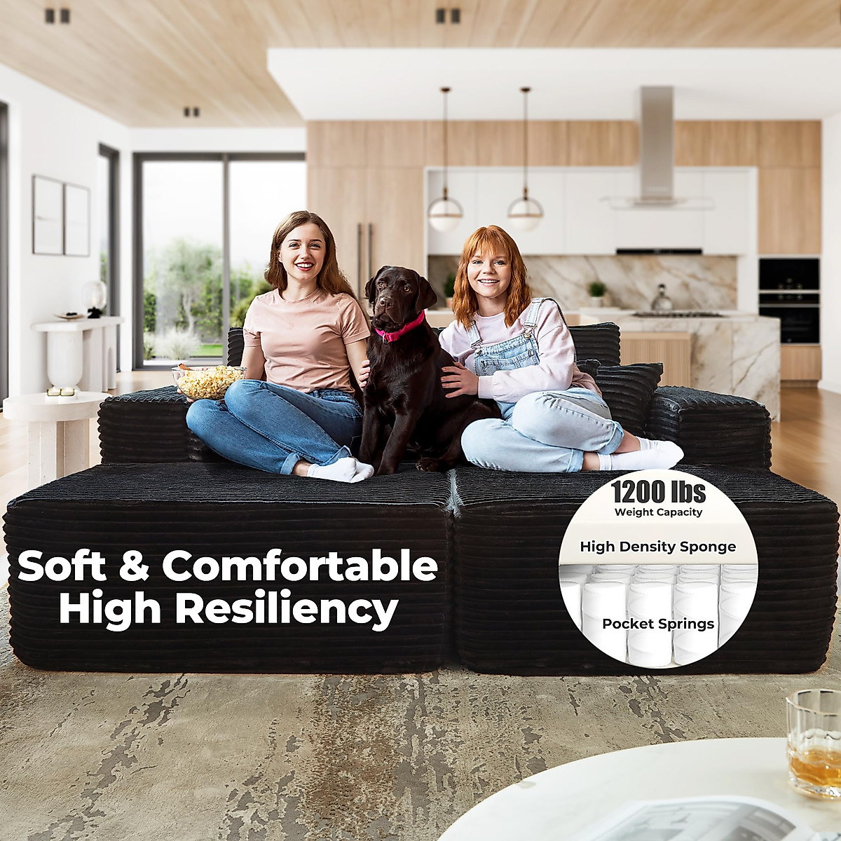 CAODOC Modular Sectional Sofa Bed,79"x 69" No Assembly Required Lounge Chaise Chair,Cloud Plush Modern Sleeper Loveseat for Living Room Bedroom(Right Facing Chaise,Black)