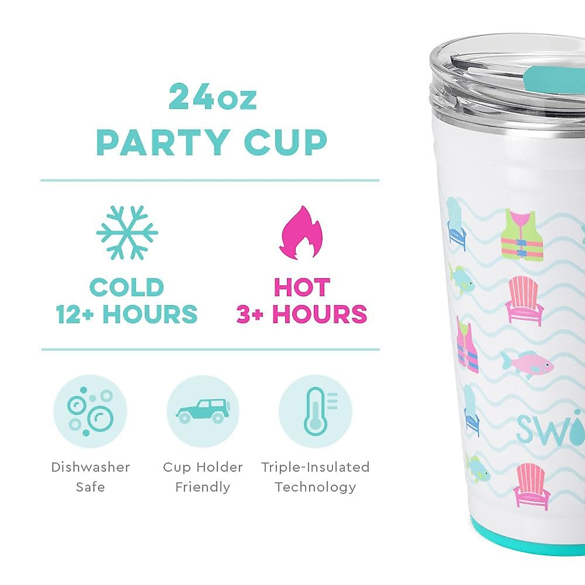 Swig Life 24oz Party Cup, Stackable Insulated Travel Coffee Tumbler with EZ Slider Lid, Cup Holder Friendly Travel Thermos, Stainless Steel 24 oz Tumbler, Reusable Coffee Mug (Lake Girl)