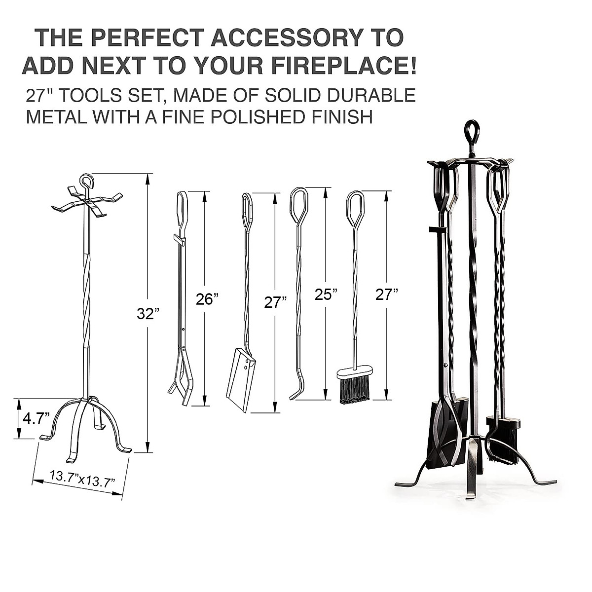 2WAYZ Fireplace Tools Set, 5 pcs Cast-Iron Fireplace Accessories - Powder Coated Poker, Shovel, Tongs & Brush. Easy-to-Assemble Fire Poker Set for Chimney