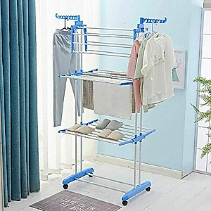 Gdrasuya10 66" Blue Folding Dryer Hanger with Casters, 3-Layer Portable Stand Towel Rack Clothes Drying Rack for Outdoor or Indoor (Blue)