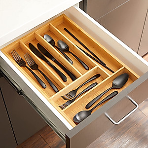 Juvale Bamboo Silverware Drawer Organizer, Wooden Cutlery Tray Holder for Kitchen, Flatware & Utensil Storage with 6 Slots, 17 x 11.75 x 1.75 Inches