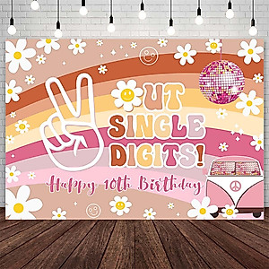 AIBIIN 8x6ft Out Single Digits Backdrop Happy 10th Birthday Party Decorations Boho Rainbow Vintage Disco Daisy Floral Birthday Cake Table Banner Photo Booth Props