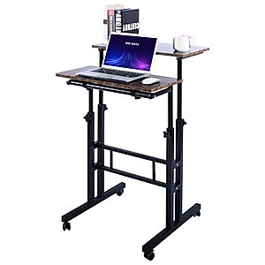 AIZ Double Adjustable Computer Desk Home Office Workstation with Rolling Wheels, Portable Laptop Table for Standing or Sitting, Adults or Children,Brown, Black & Yellow