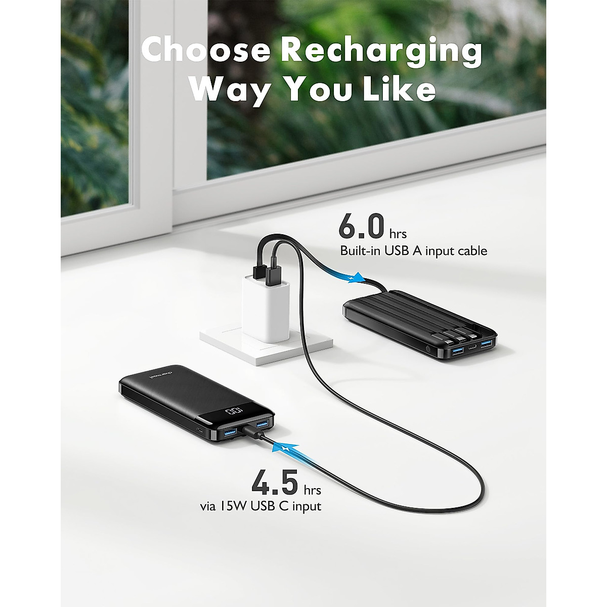 Portable Charger with Built in Cables, Portable Charger with Cords Wires Slim 10000mAh Travel Essentials Battery Pack 6 Outputs 3A High Speed Power Bank for iPhone Samsung Pixel LG Moto iPad