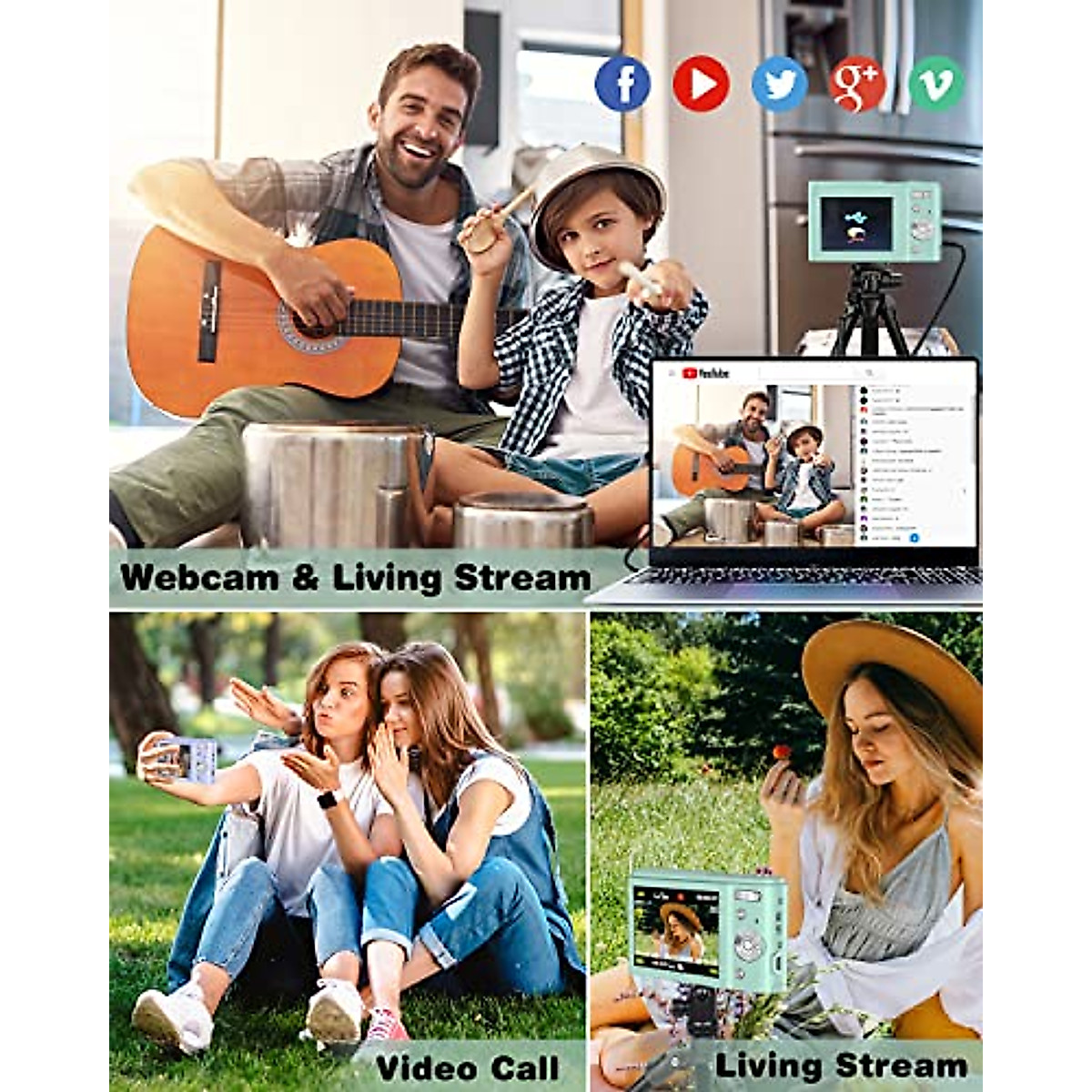 Digital Camera, Lecran FHD 1080P 36.0 Mega Pixels Vlogging Camera with 16X Digital Zoom, LCD Screen, Compact Portable Mini Cameras for Students, Teens, Kids (Green)