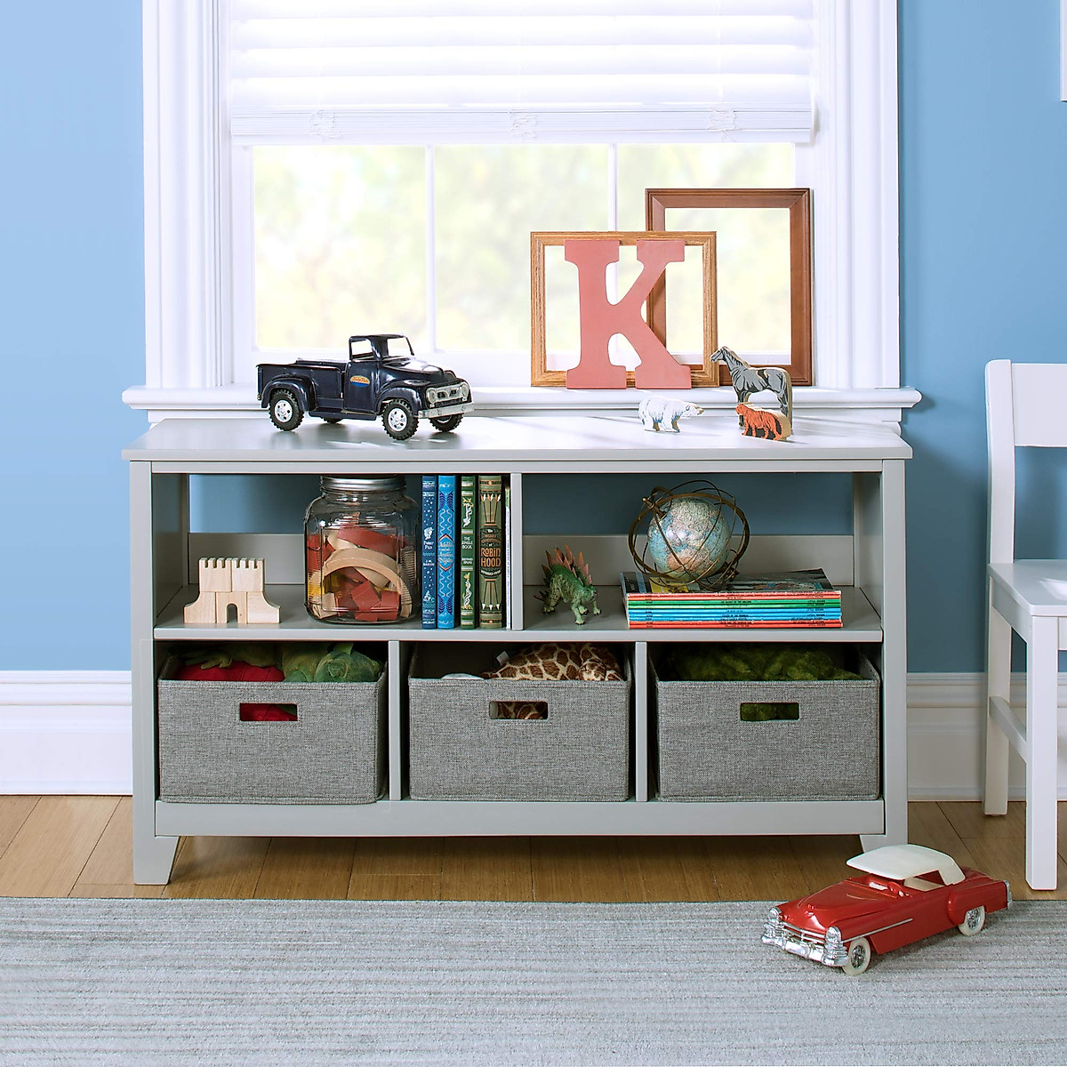 Martha Stewart Kids' Low Bookcase (Gray) - 24 Inch Wooden Storage Organizer Cubby with Fabric Bins for Playroom and Bedroom