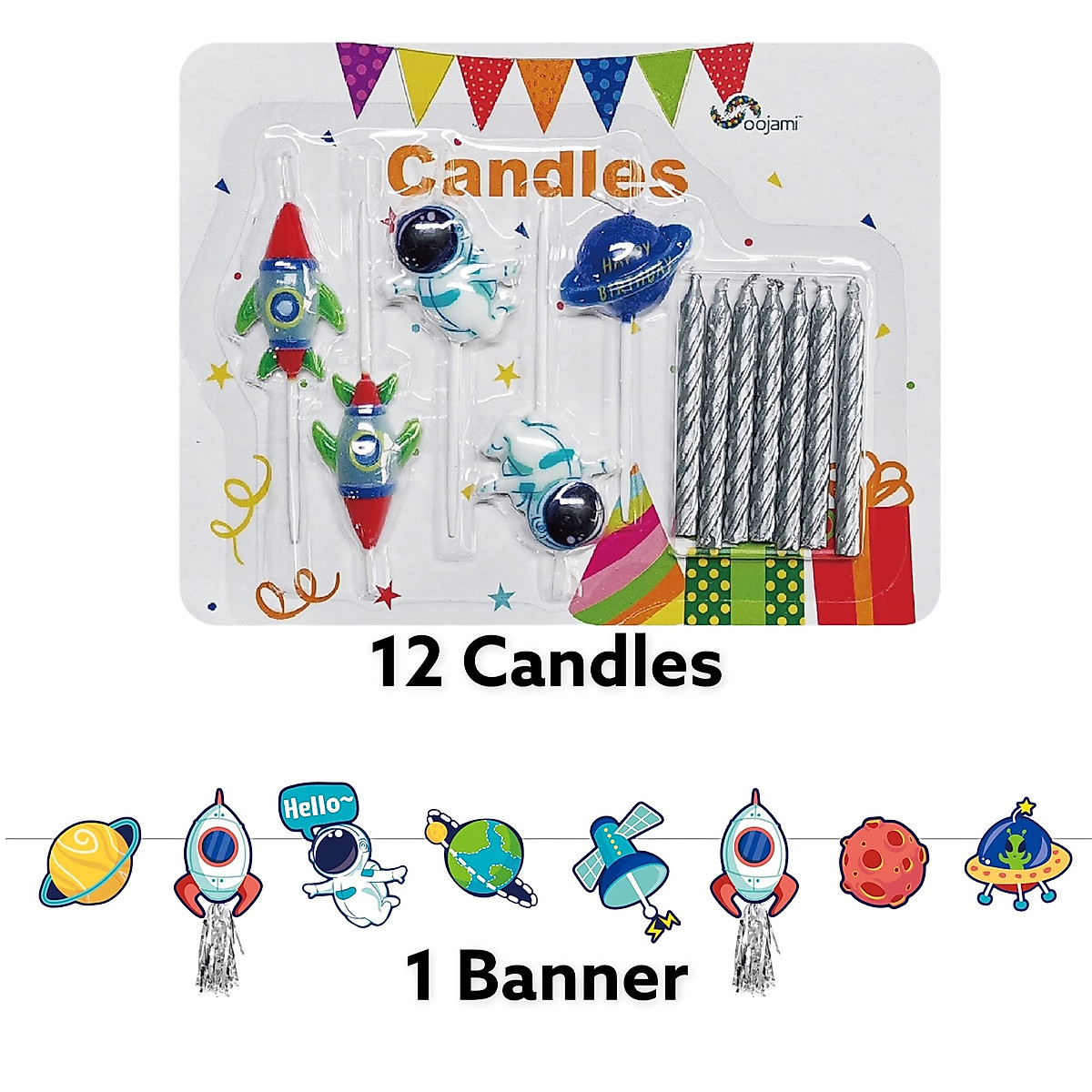 Serves 24 Ultimate Outer Space Party Supplies 9" Plates 7" Plates 24 Cups 2 Table Cover 24 Napkins 24 Straws 1 Blast off Birthday Banner 14 Swirls 12 Photo Props Cake Topper 30 Balloons 12 Candles
