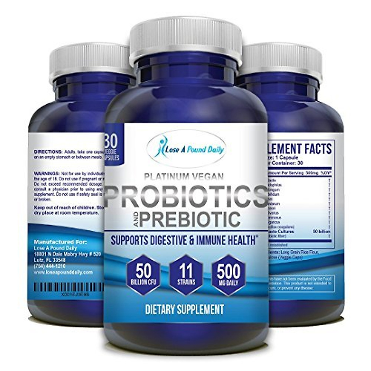 Lose A Pound Daily Best Vegan Probiotic | Non GMO. Probiotic for Men | Probiotic for Women. Delayed Release Prebiotic 50 Billion CFU Shelf Stable 11 Strains. 30 Capsules, 1 Bottle | 500mg Acidophilus