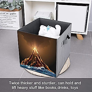 Volcanic Eruption View PU Leather Collapsible Storage Bins Canvas Cube Organizer Basket with Handles