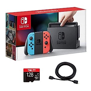 Nintendo Newest Premium Switch Console Holiday Family Bundle - Nintendo Switch with Neon Blue and Neon Red Joy‑Con with TMLTT HDMI Cable + 128GB MicroSD Card