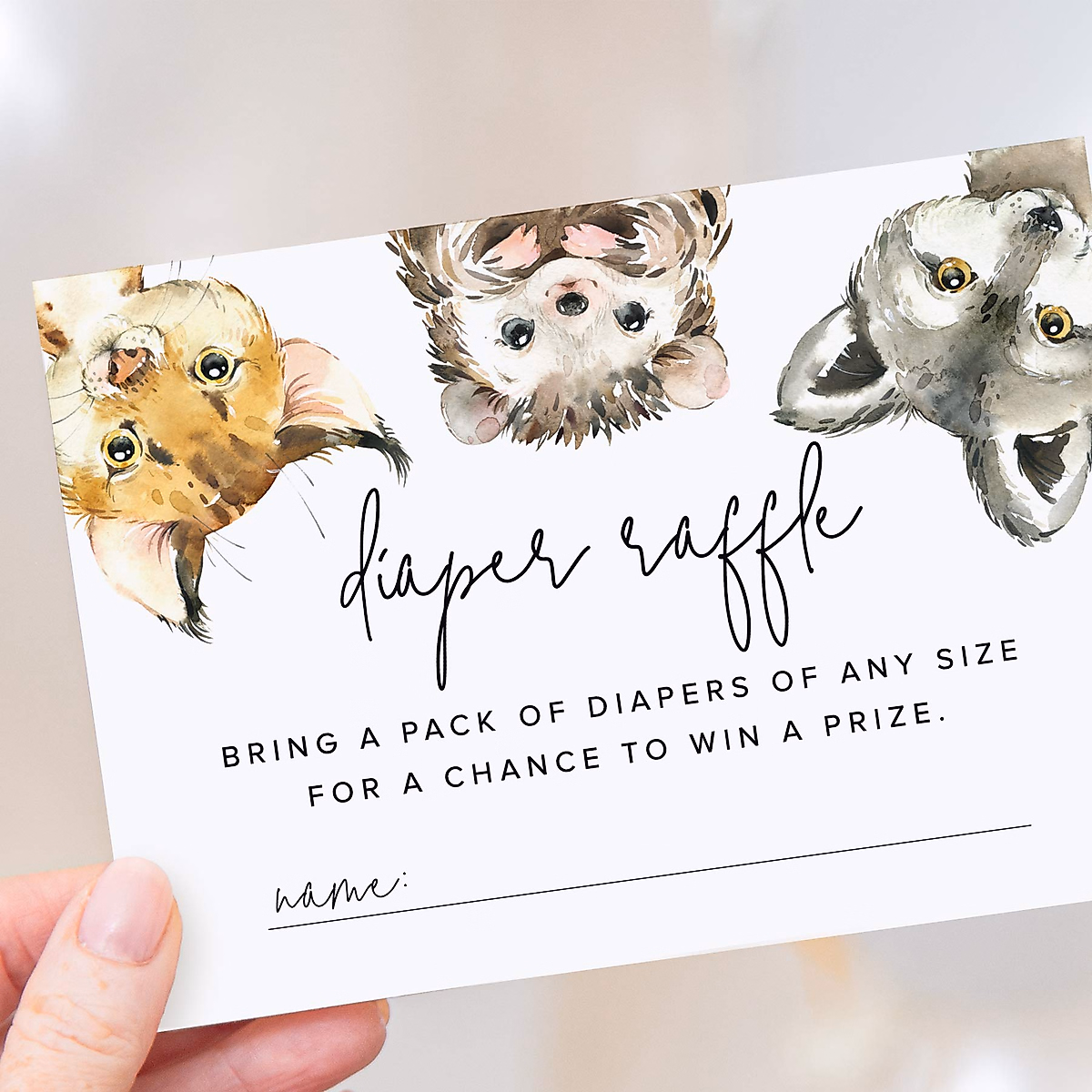 Bliss Collections Diaper Raffle Tickets for Baby Showers, Pack of 50 Single-Sided Cards, Woodland Animals for Gender Reveal Parties, Heavyweight, Easy to Write On 2 x 3.5” Card Stock, Made in the USA