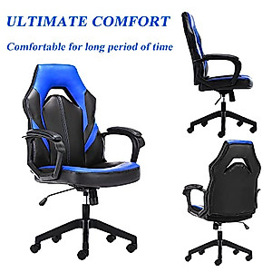 HOMEFLA Office Ergonomic Computer Gaming Desk Bonded Leather Swivel Chair Height Adjustable Cushioned Armrests, Blue