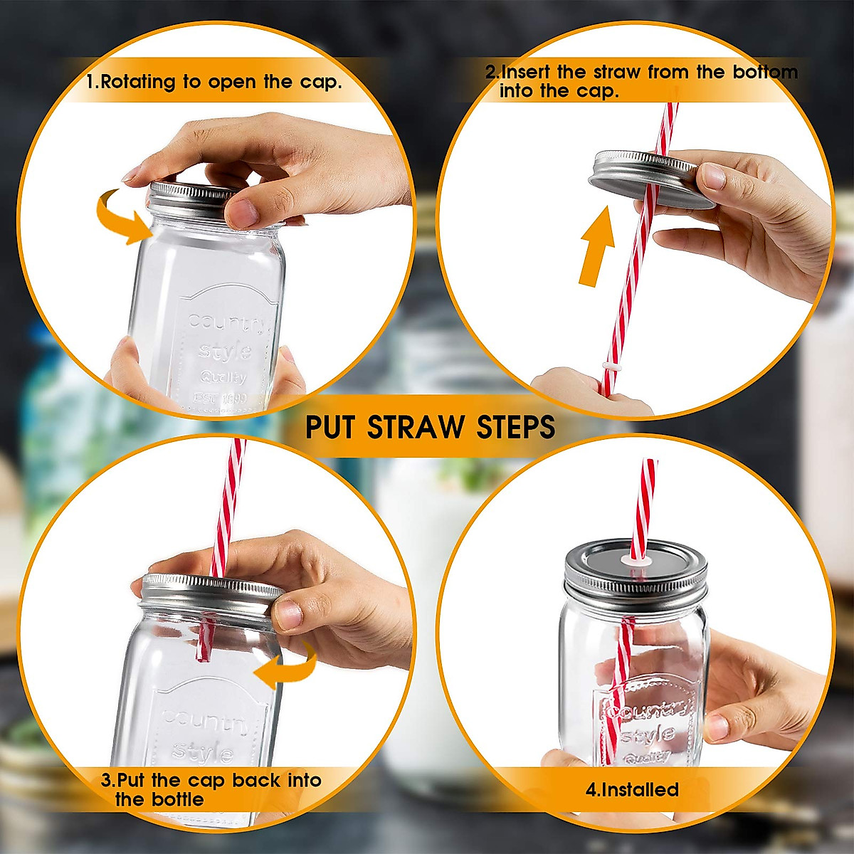 Masthome Regular Mouth Mason Jars 16oz, Drinking Glasses with 6 Extra Lids & 6 Reusable Straws, Glass Storage Jars for Canning, Preserving – Set of 6