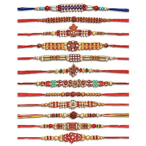 IndoTribe Rakhi for Brother - Set of 12, Rakhi for Brother and Bhabhi | Lumba Rakhi For Brother with Gift Set | Rakhi with Roli Chawal, Card | Brother Bhaiya Bhabhi Rakhi | Raksha Bandhan Rakhi