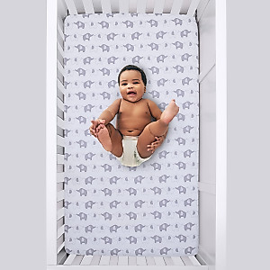 NoJo Elephant Stroll White & Gray Fitted Crib Sheet, Grey, White