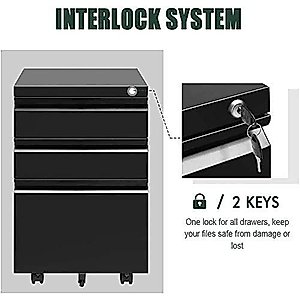 Black File Cabinet, 3 Drawer Mobile File Cabinet with Lock and Wheels, Under Desk Metal Filing Cabinet for Office，Lockable Rolling Cabinet with 2 Keys for Legal/Letter/A4 Size, Fully Assembled （A）