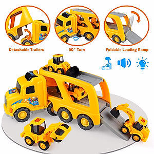aotipol Construction Toy Trucks for 3-6 Year Old Boys & Girls, 5 in 1 Toy Cars with Light and Sound, Friction Power Play Vehicles, Gift Toys for Kids and Toddlers Ages 3-6