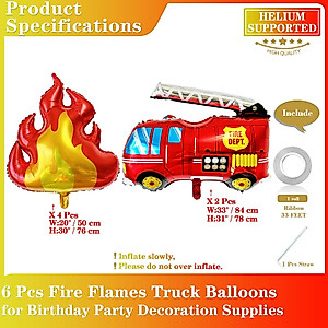 6 Pcs Red Fire Balloons, Fire Truck Balloons, Large Fire Flame Truck Balloons for Fire Firefighting Theme Decorations, Fire Shape Nylon Balloons for Fire Birthday Party Decorations Baby Shower