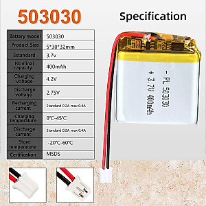 AKZYTUE 3.7V 400mAh 503030 Lipo battery Rechargeable Lithium Polymer ion Battery Pack with JST Connector