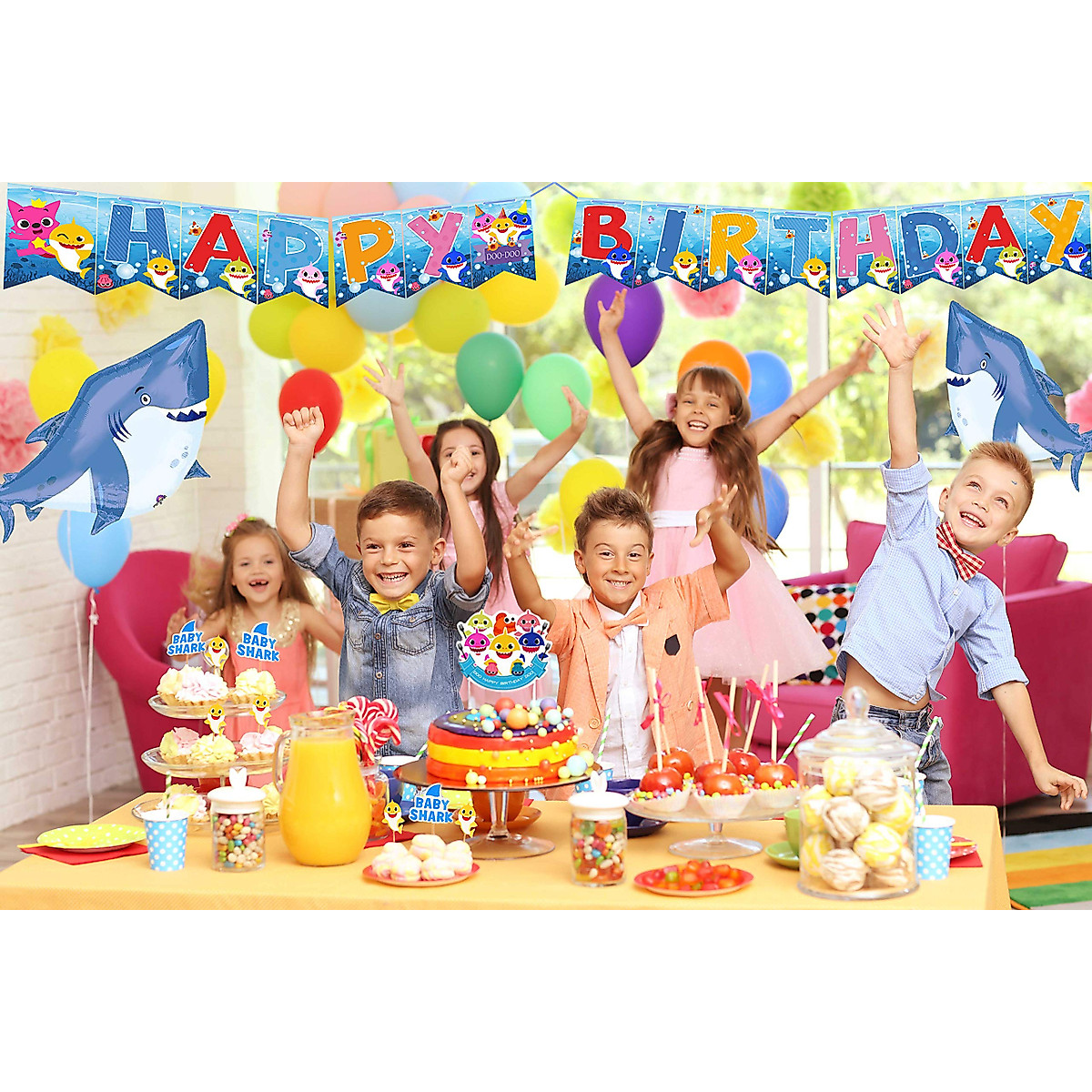 Baby Shark Happy Birthday Banner DOO Garland Shark Theme Party Supplies For Kids Baby Shower Party and Children Birthdays Party Decorations Set of 15 flags