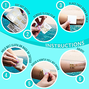 Terra Tattoos Gold Metallic Tattoo Flash Sheets Designs of Seashells, Sun, Flowers & more! Face Tattoos for Women Waterproof Nontoxic Long Lasting 75+ Designs for Vacation, Festivals Parties - Gold