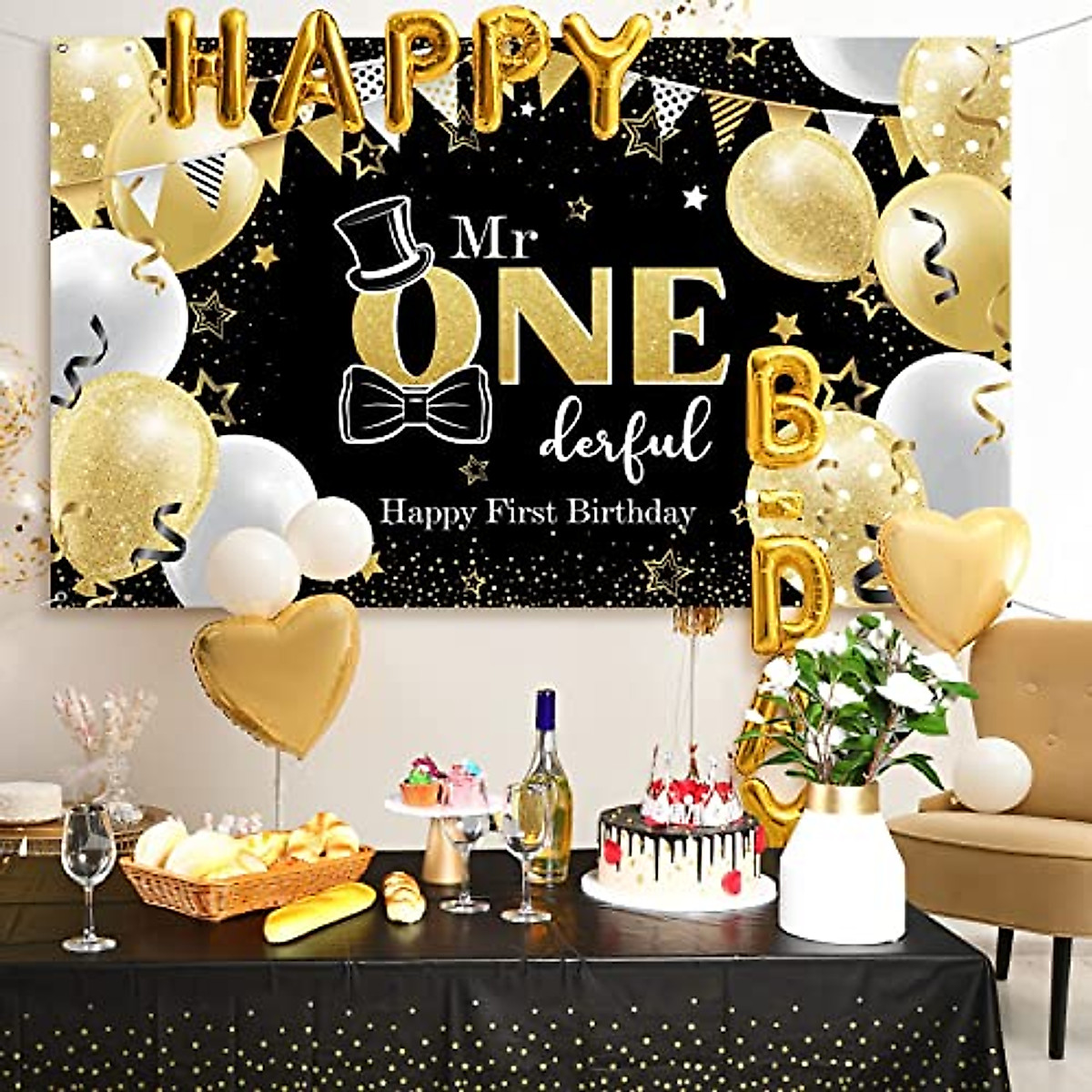 Boys 1st Birthday Decoration Mr. Onederful Birthday Party Supplies 1st Happy Birthday Backdrop Photography Background with Balloons for Baby Toddler Little Man First Birthday Decor (Black and Gold)