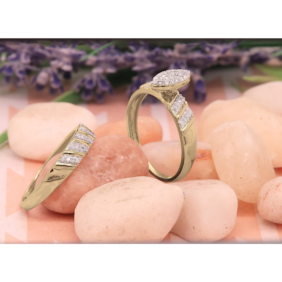 Dazzlingrock Collection 0.35 Carat (ctw) Round White Diamond Men's and Women's Engagement Ring Trio Set 1/3 CT | Yellow Gold Plated Sterling Silver | Women size 7 and Men size 10