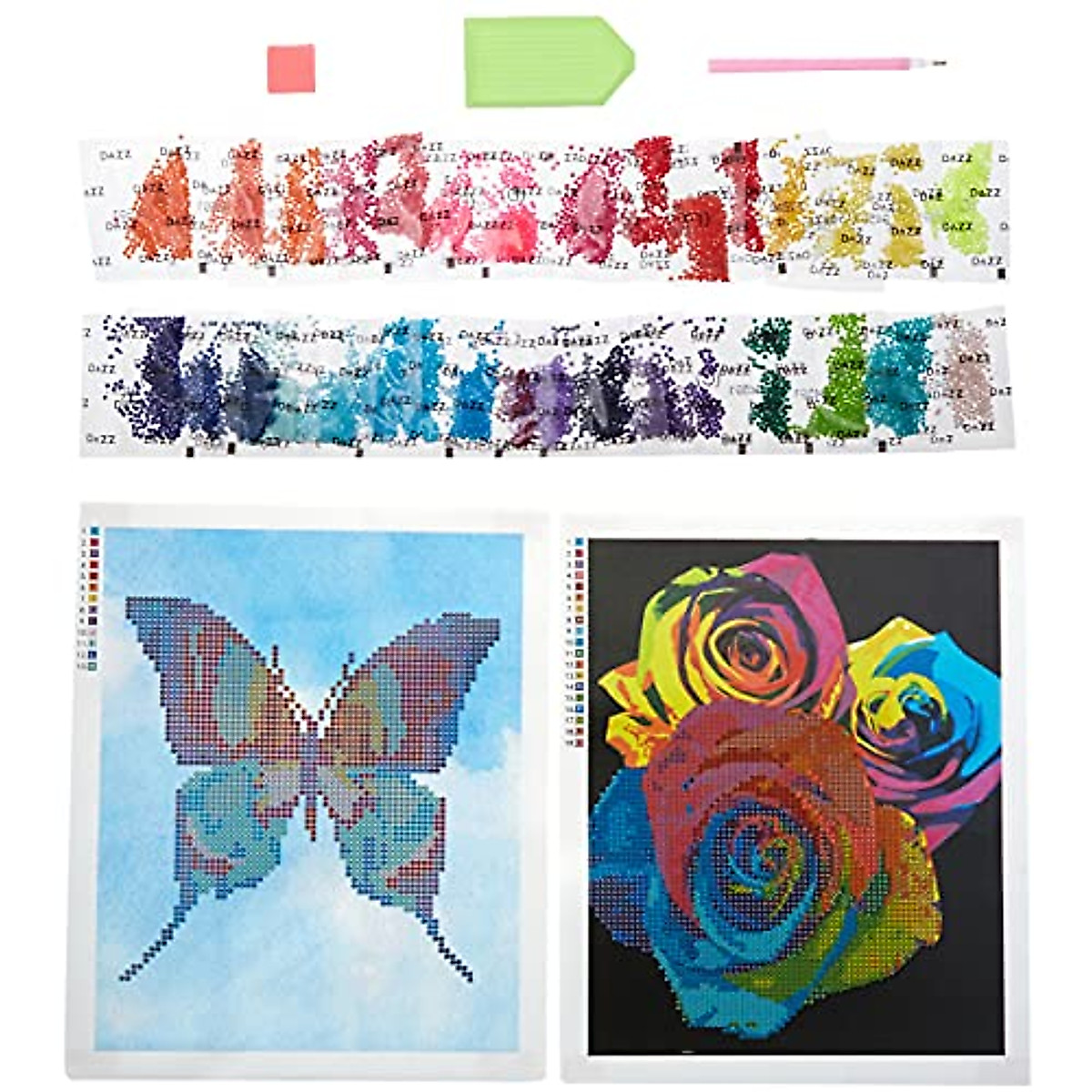 Dazz 3D Gemstone Painting Butterfly & Roses Pack of 2 by Horizon Group USA, Includes 2 8”X10” Diamond Dotz Painting, Rhinestone Sheets for Adults & Children, Gem Tray & Stylus Included.Multicolored