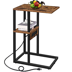 TUTOTAK C Shaped End Table with Charging Station, Side Table with 2 USB Ports and Outlets, Snack Table for Couch and Bed, Small Sofa Table for Small Spaces, Living Room, Bedroom V1TB01BB043