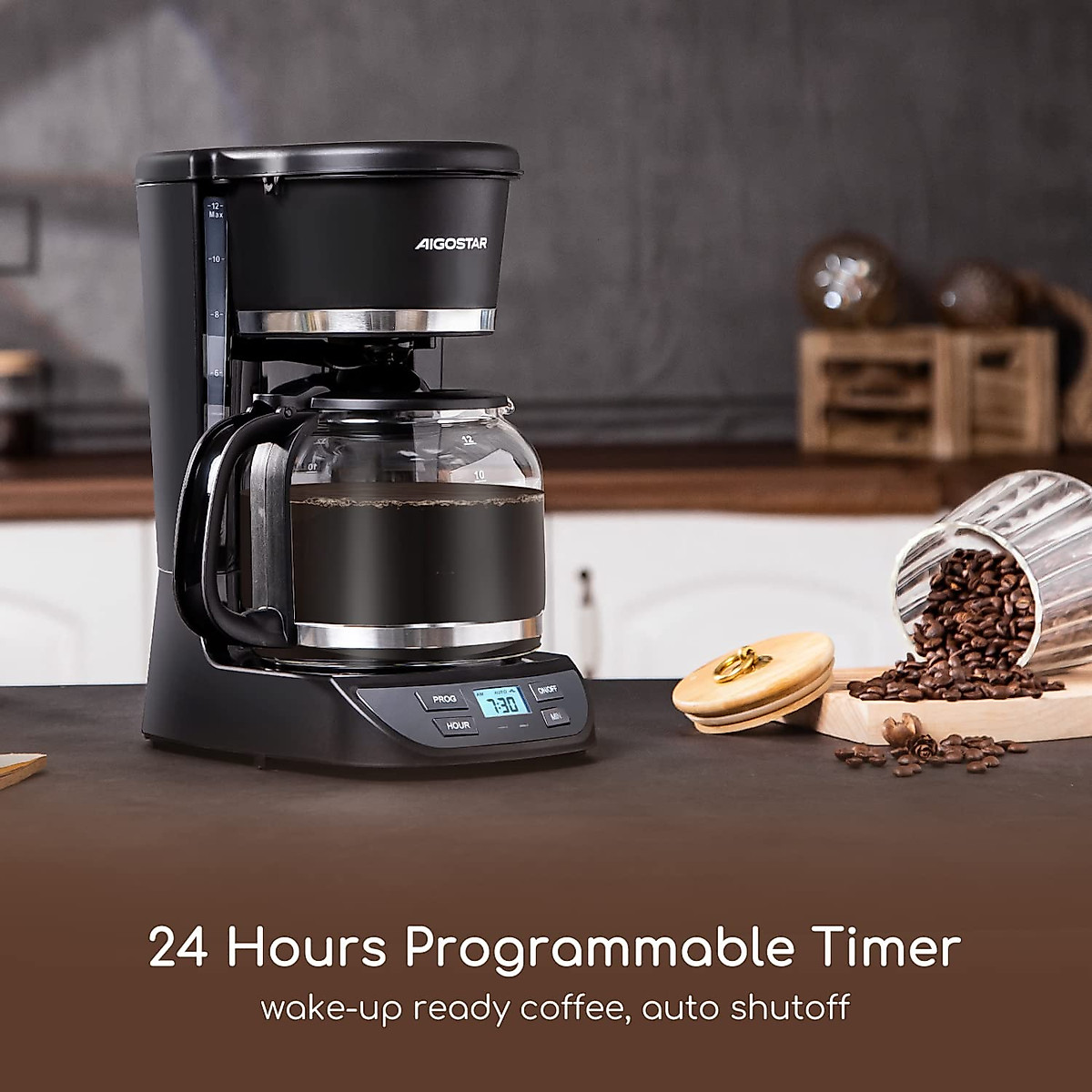 Aigostar 12 Cup Programmable Coffee Maker with Glass Carafe Pot, 24H Timer and Anti-Drip System, 2H Keep Warm with Auto-Shut Off, Electric Coffee Maker, Black